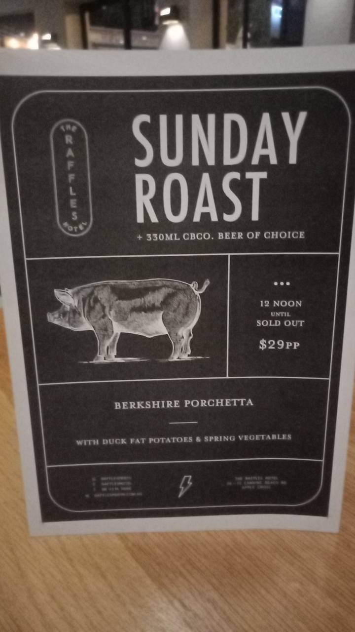Menu at Raffles Hotel pub & bar, Applecross, 70-72 Canning Beach Rd