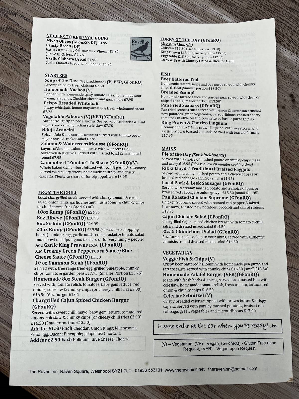 Menu at Raven Inn pub & bar, Welshpool, Raven Square