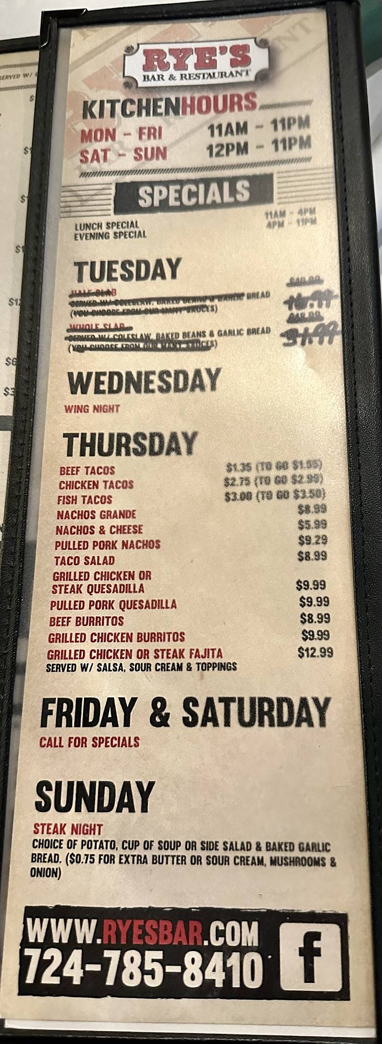 Menu at Rye's Bar & Restaurant, Brownsville