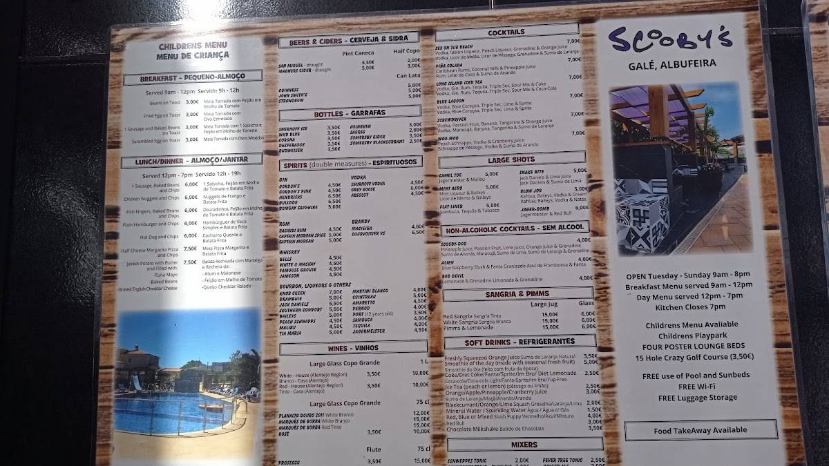 Menu at Scoobys Pool Bar, Albufeira