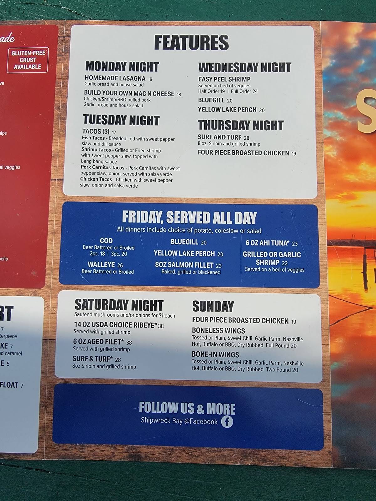 Menu at Shipwreck Bay pub & bar, USA