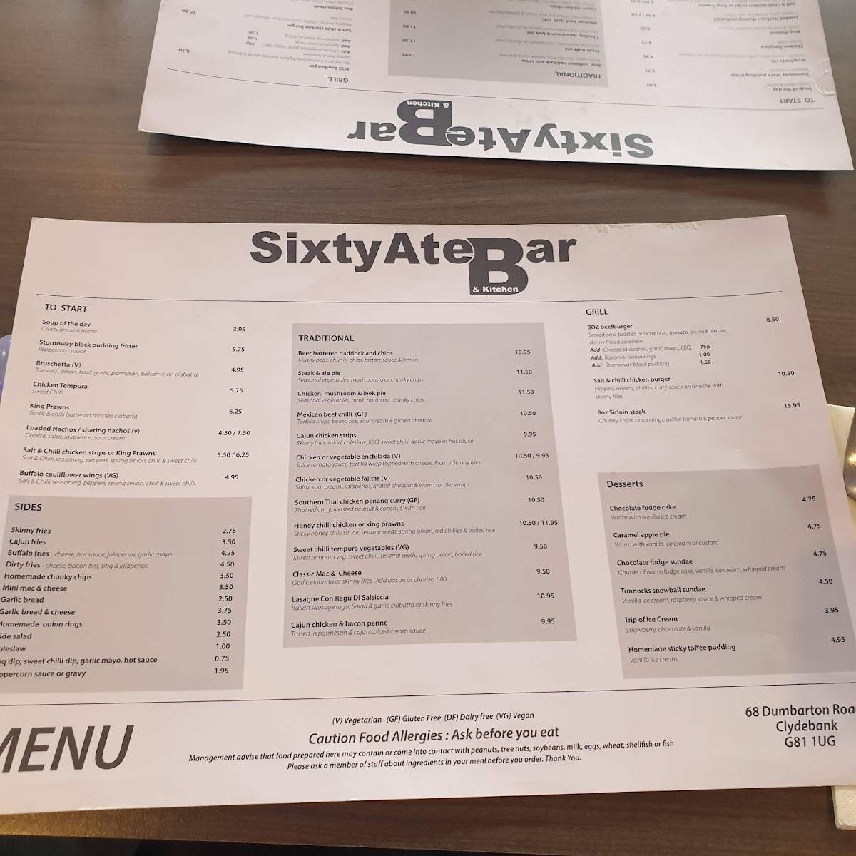 Menu at Sixty Ate Bar and Kitchen, Clydebank
