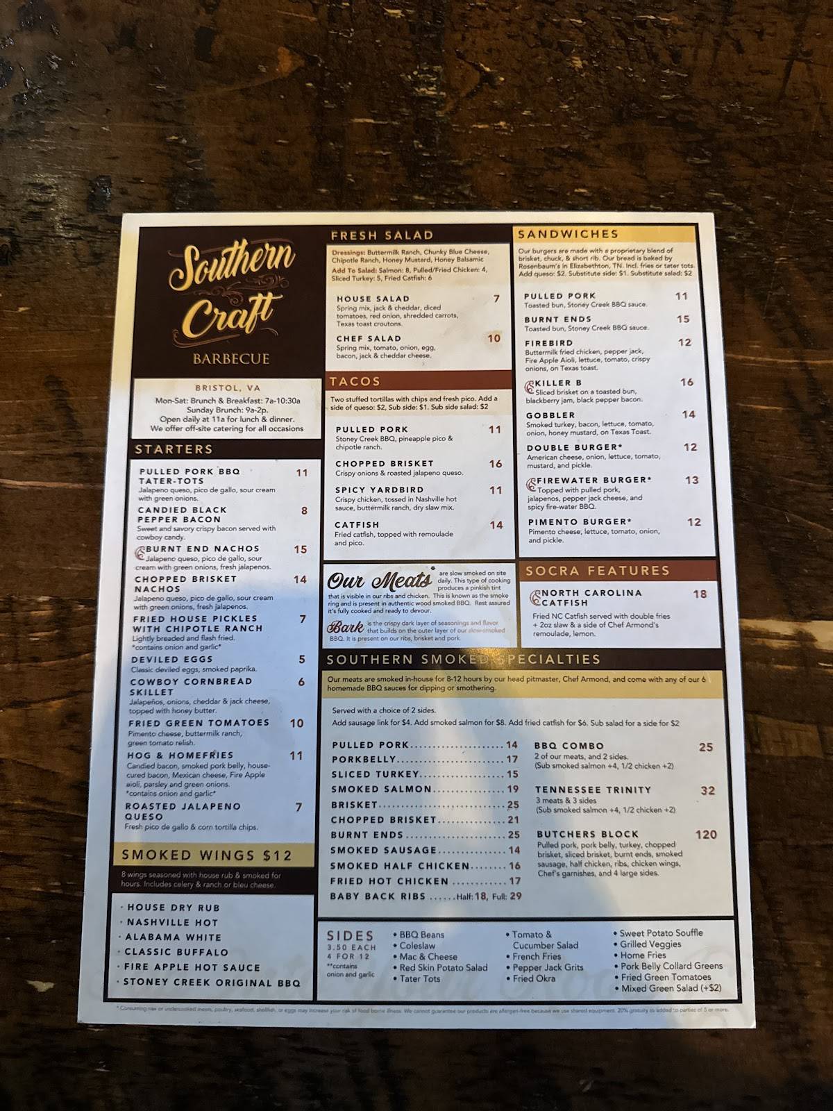 Menu at Southern Craft BBQ Bristol, Bristol