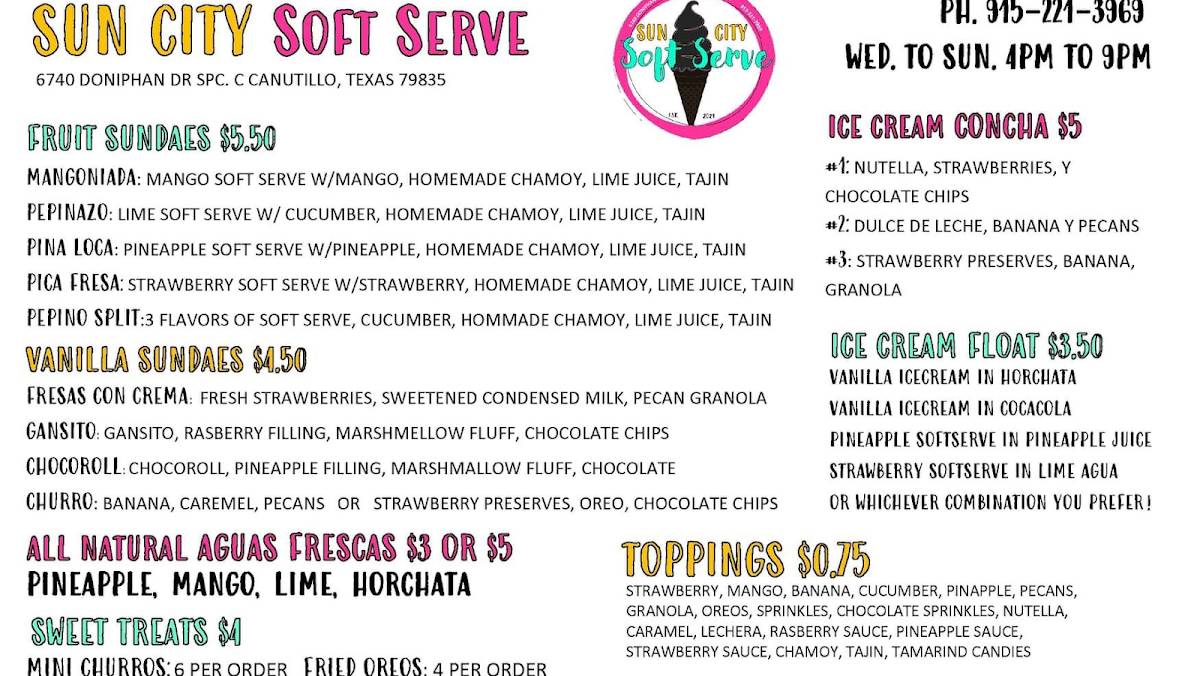 Menu at Sun City Snow Cones pub & bar, Canutillo
