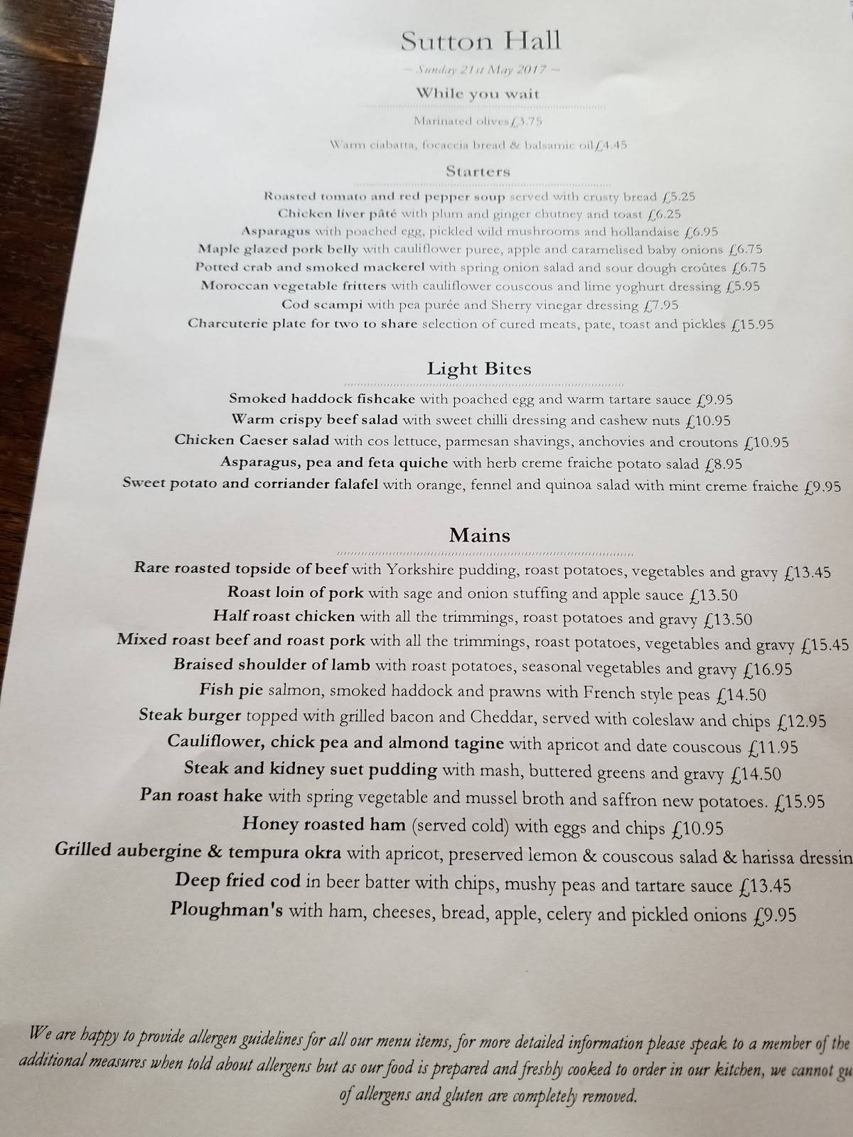 Menu at Sutton Hall pub & bar, Macclesfield