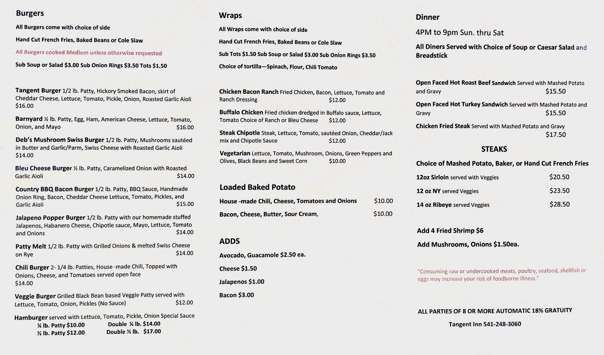 Menu at Dixie creek saloon pub & bar, Tangent