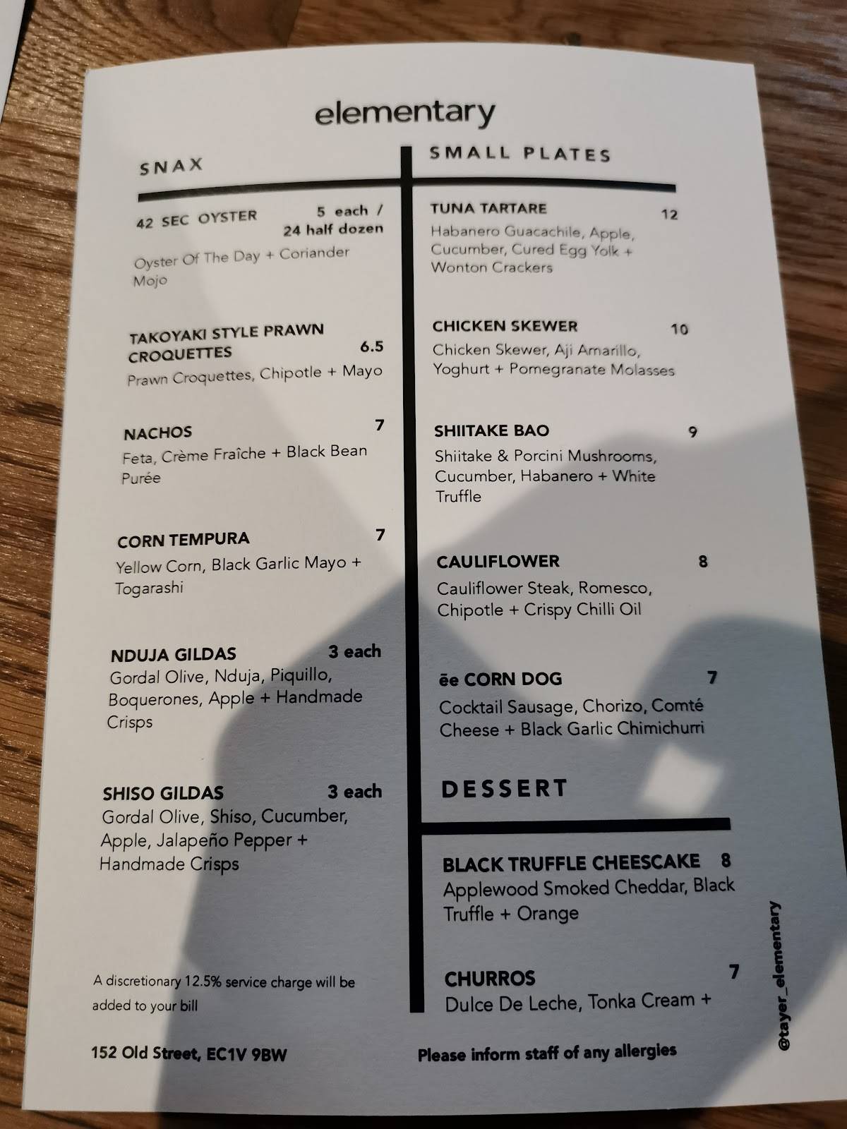 Menu at Tayēr + Elementary pub & bar, London