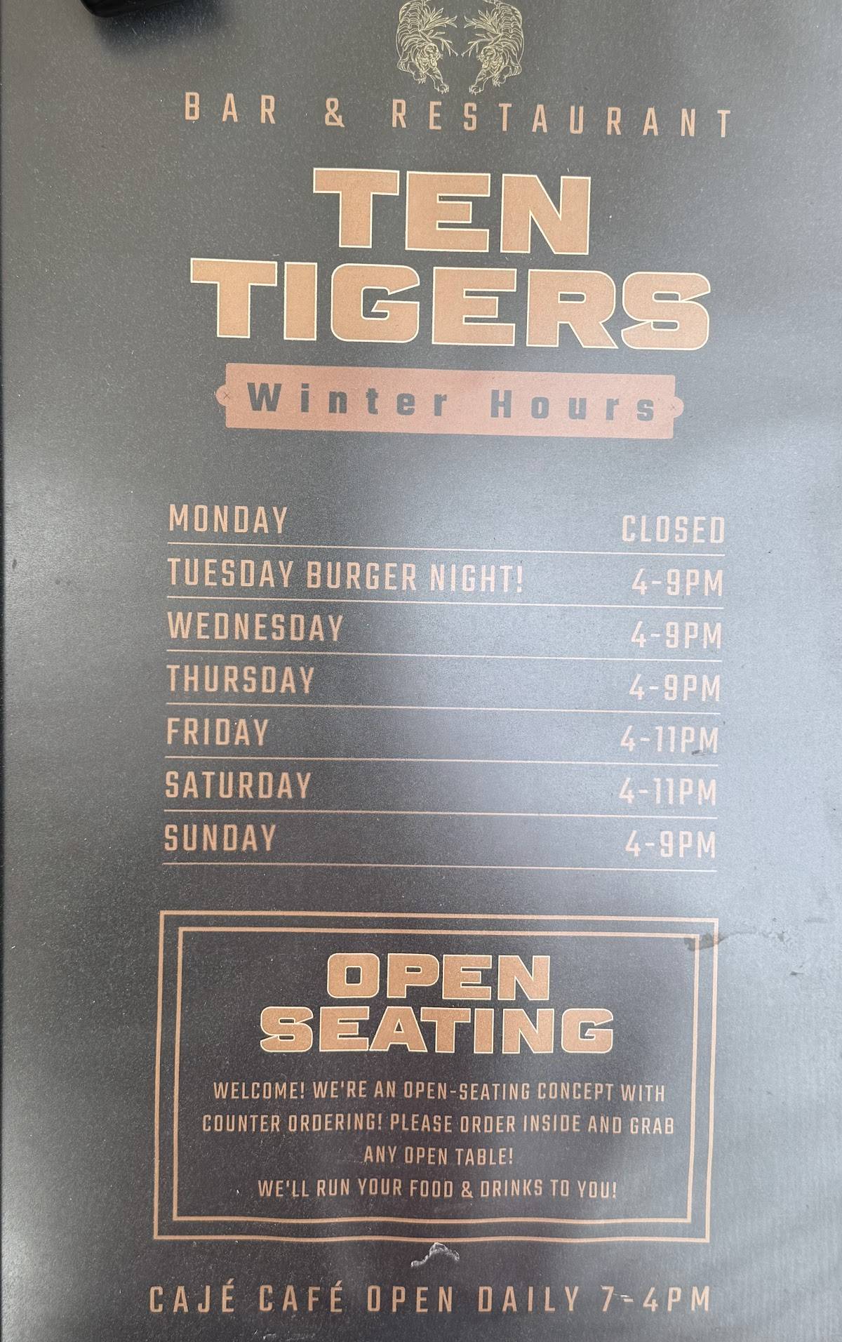 Menu at Ten Tigers Bar, Ventura