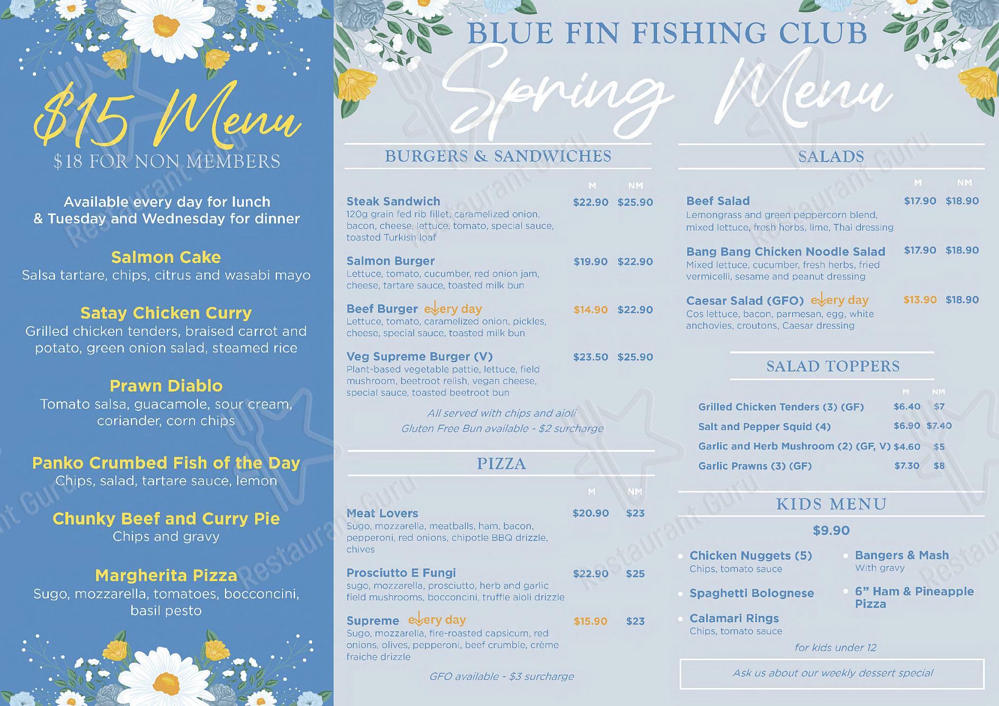 Menu at The Blue Fin Fishing Club, Inala