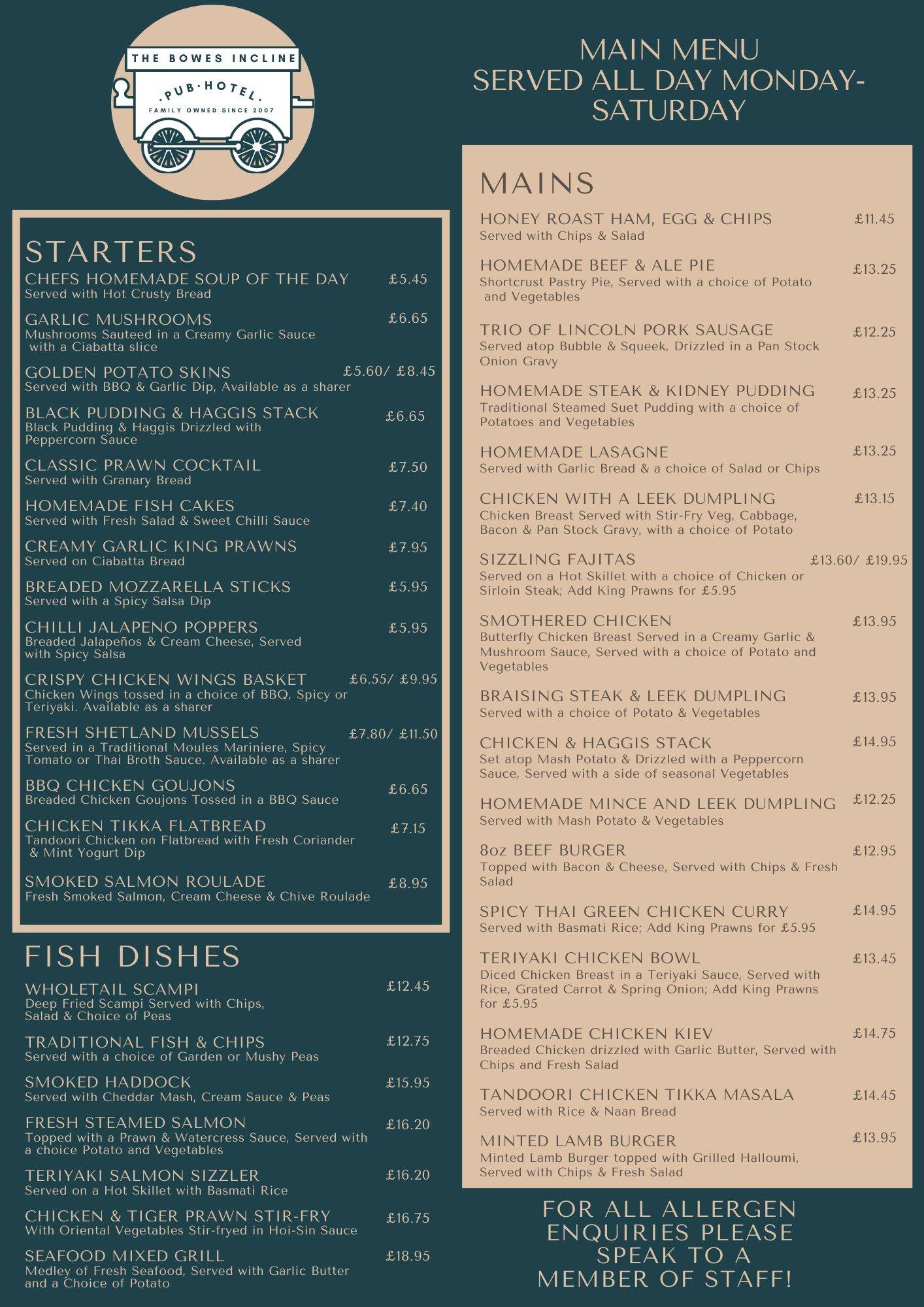 Menu at The Bowes Incline pub & bar, Gateshead