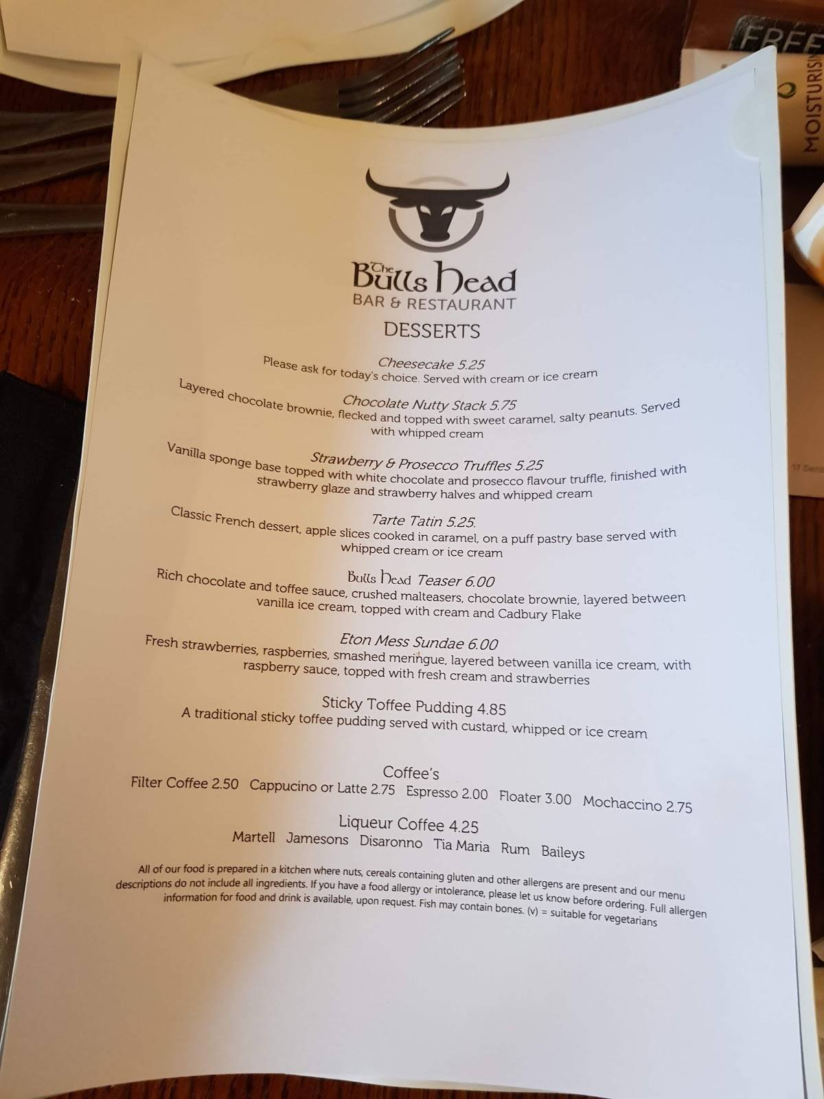 Menu at The Bulls Head Denby pub & bar, Ripley, 17 Denby Common