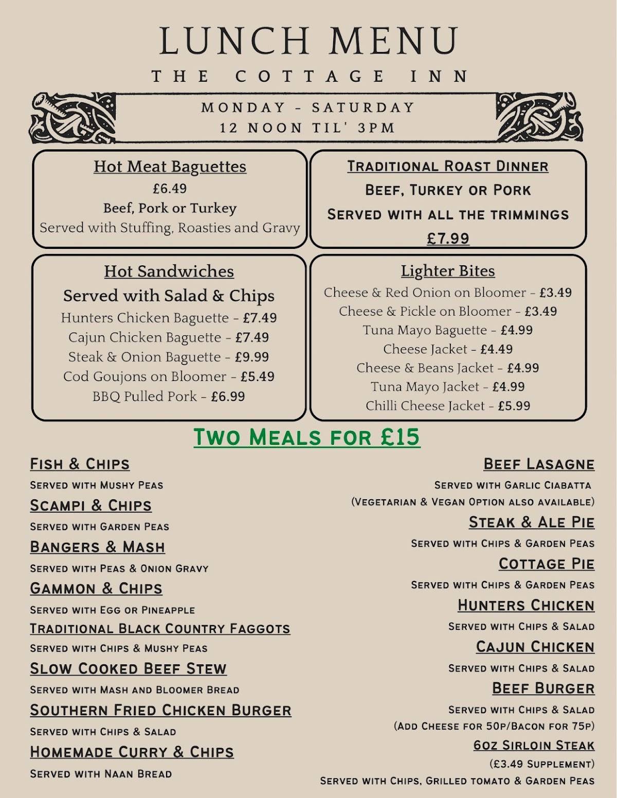 Menu at The Cottage Inn pub & bar, Kingswinford, 534 High St
