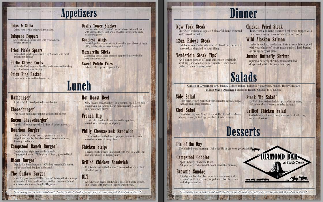 Menu at The Diamond Bar at Devils Tower, Devils Tower