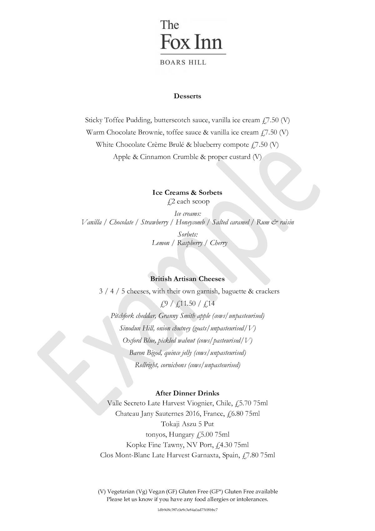Menu at The Fox Inn pub & bar, Oxford, Fox Ln