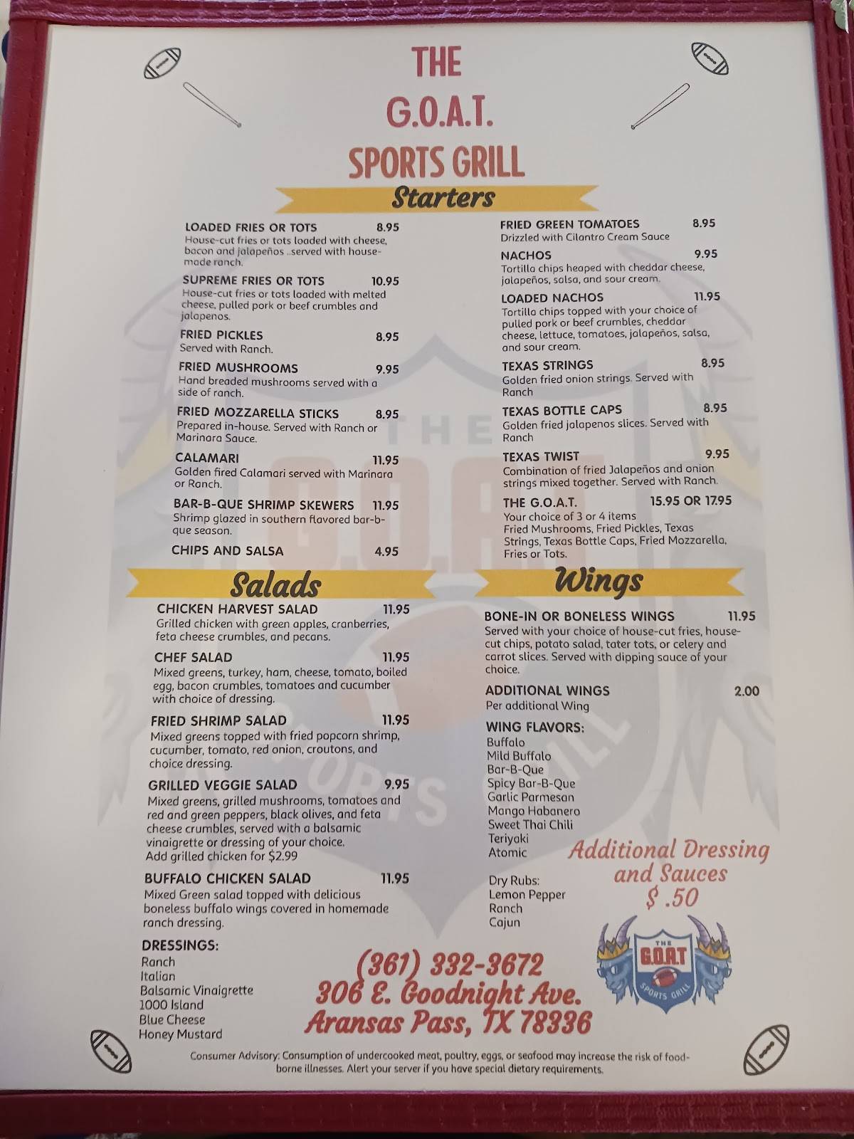 Menu at The G.O.A.T. Sports Grill pub & bar, Aransas Pass