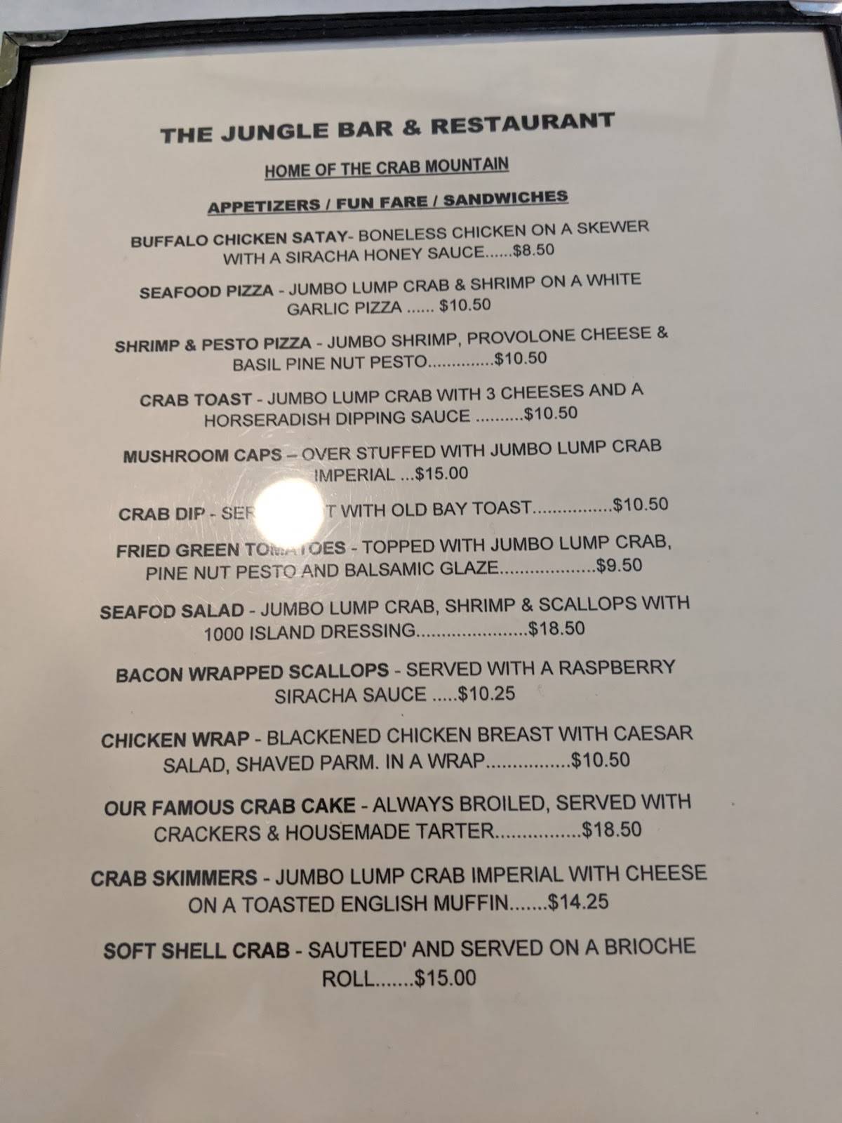 Menu at The Jungle Bar & Restaurant, Ocean City