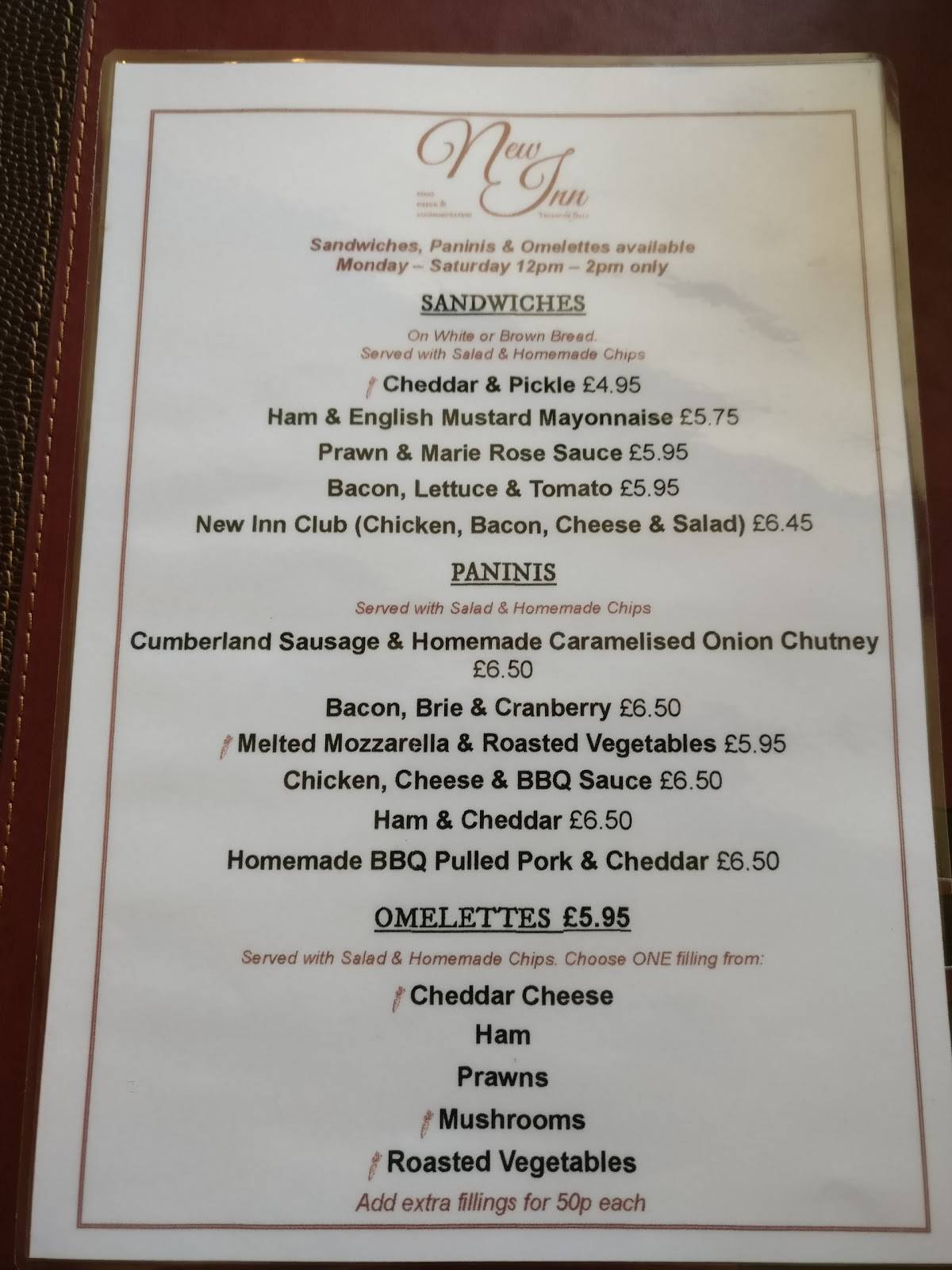 Carta del pub y bar The New Inn, Thornton Dale