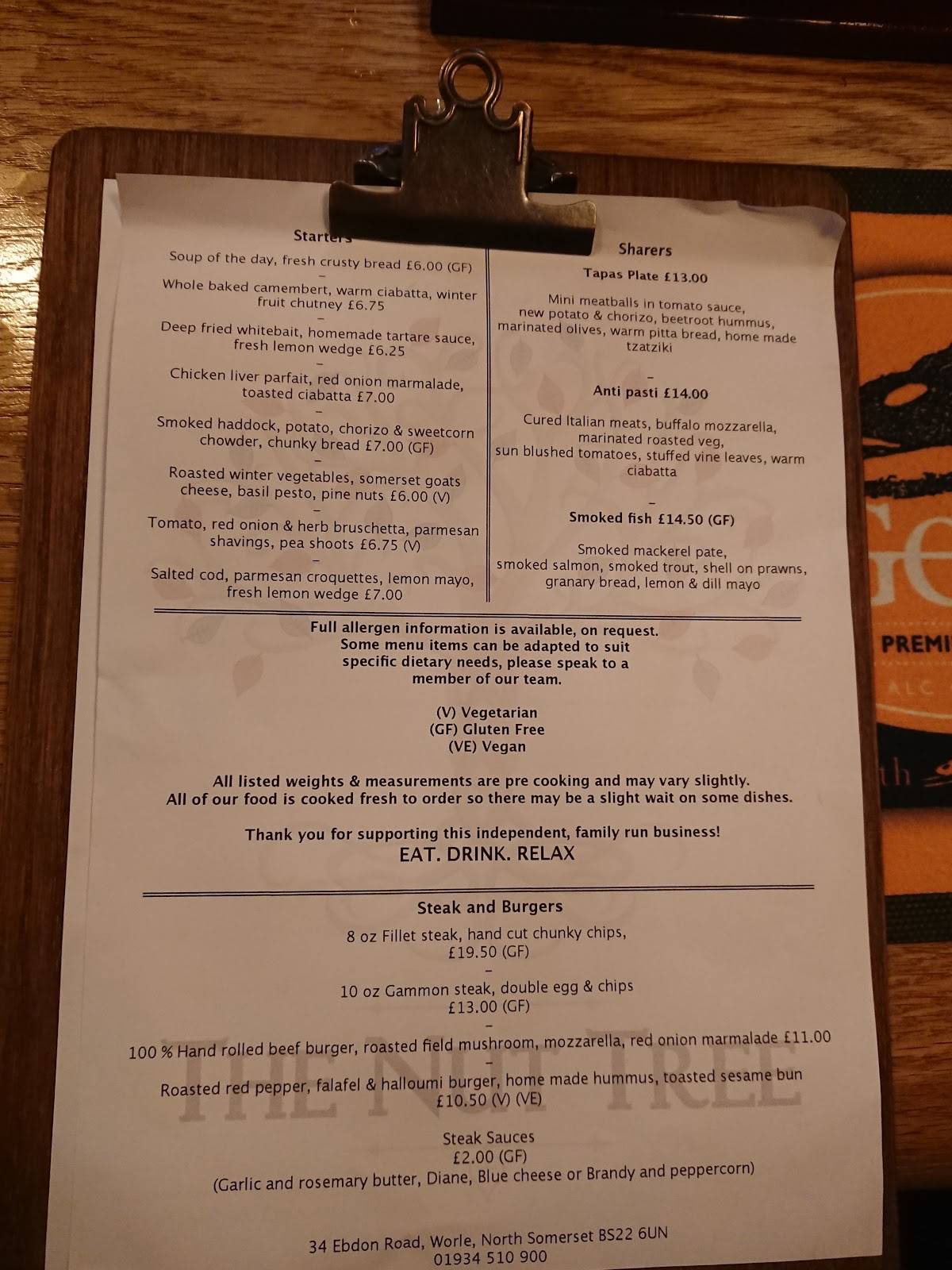Menu at The Nut Tree Worle pub & bar, Weston-super-Mare