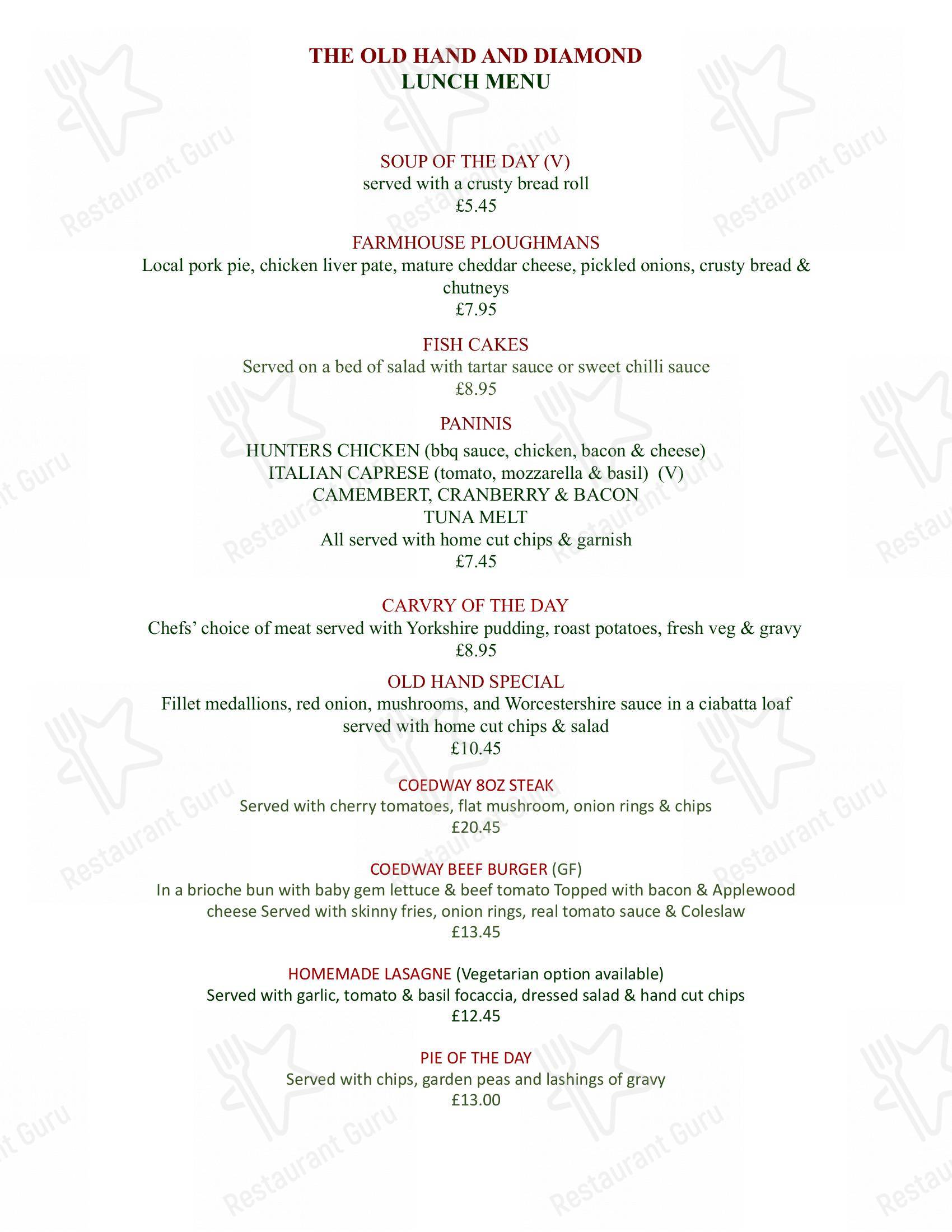 Menu at The Old Hand & Diamond Inn restaurant, Shrewsbury