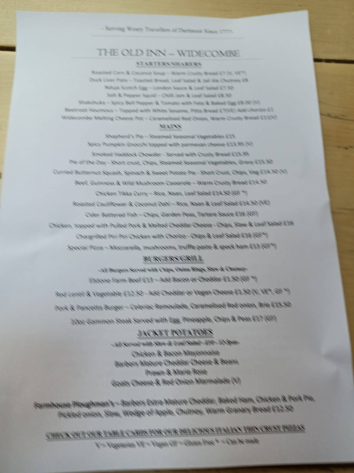 Menu at The Old Inn pub & bar, Widecombe in the Moor
