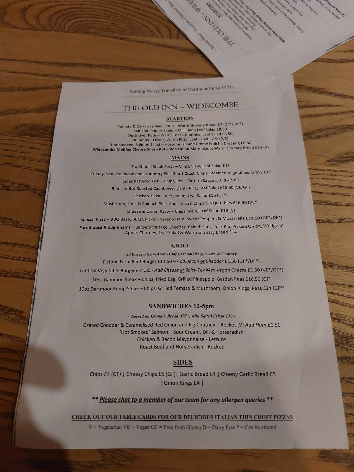 Menu at The Old Inn pub & bar, Widecombe in the Moor