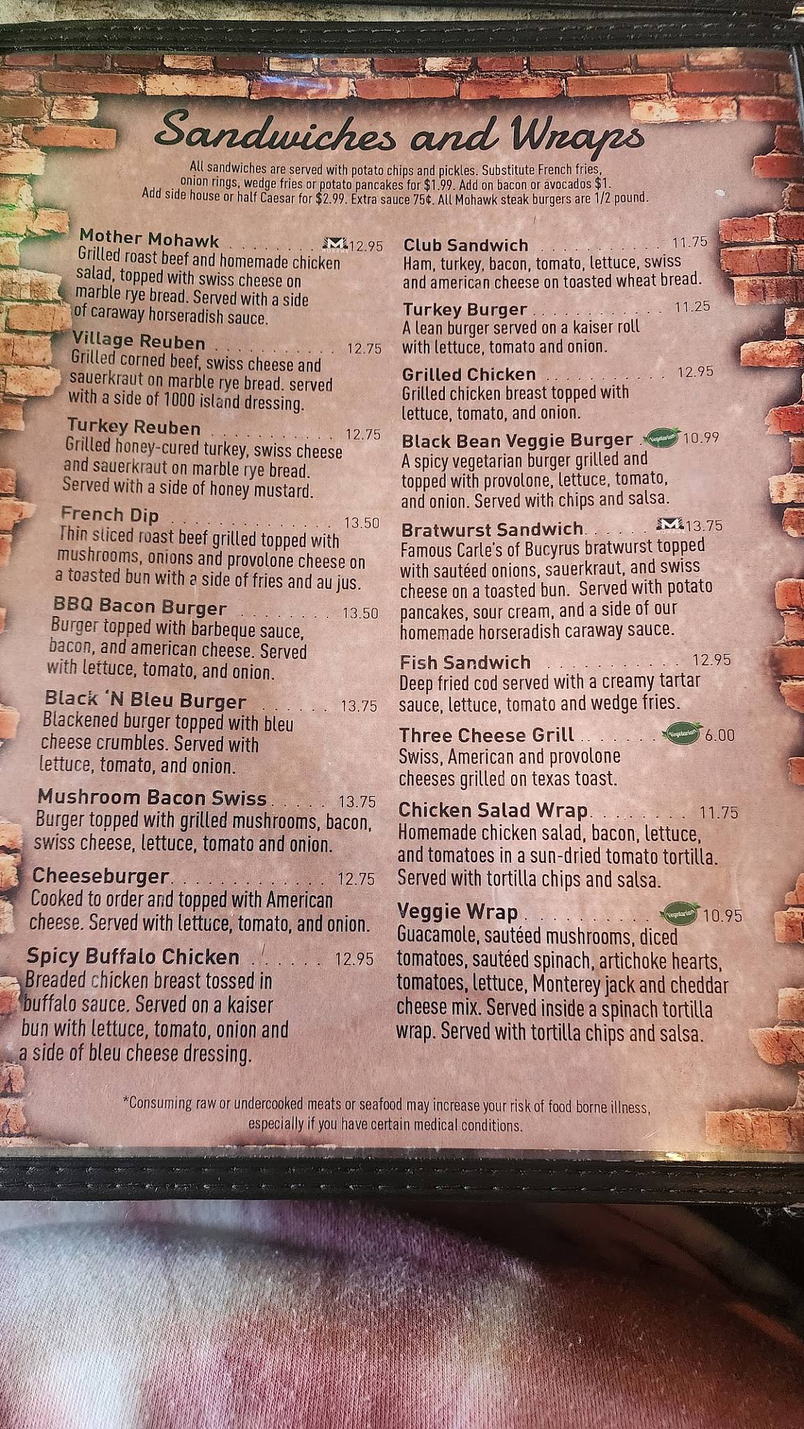 Menu at The Old Mohawk restaurant, Columbus