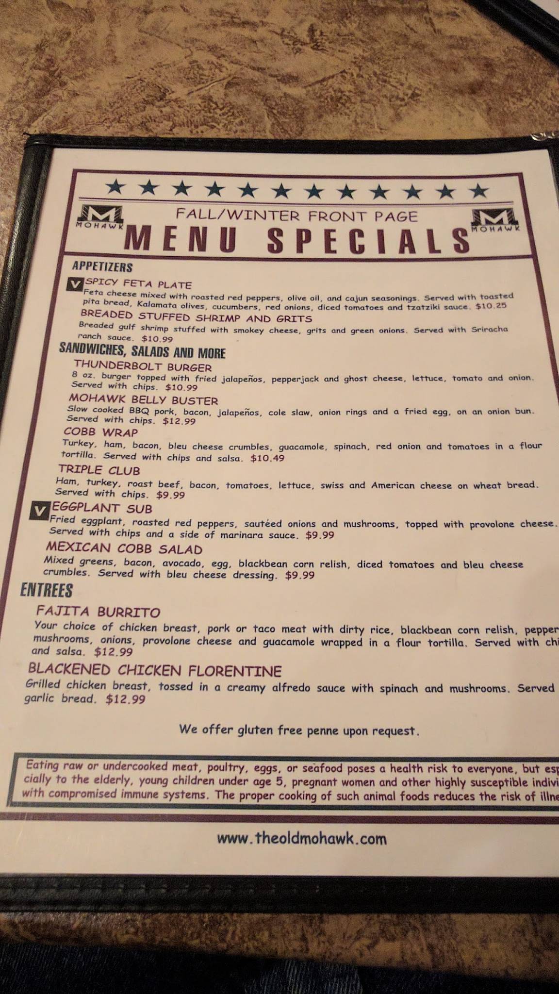 Menu at The Old Mohawk restaurant, Columbus