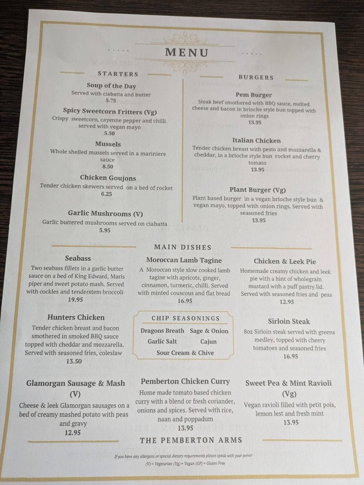 Menu at The Pemberton Arms pub & bar, Burry Port