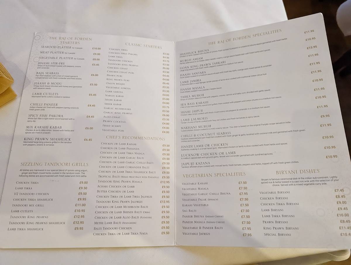 Menu at The Raj of Forden restaurant, Welshpool