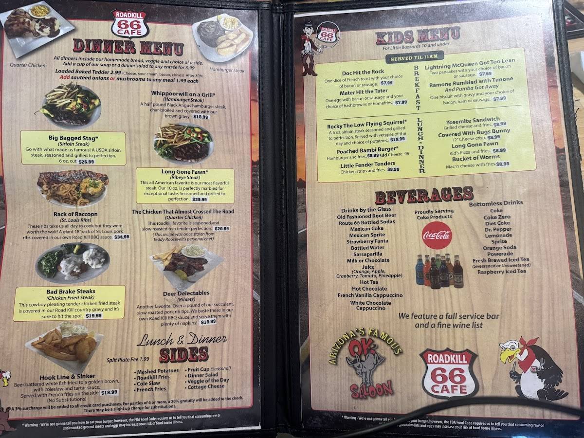 Menu at The Roadkill Cafe/O.K. Saloon, Seligman