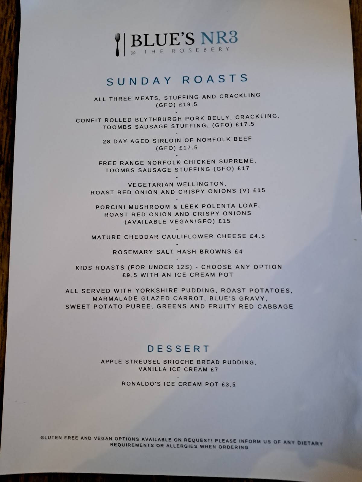 Menu at The Rosebery pub & bar, Norwich
