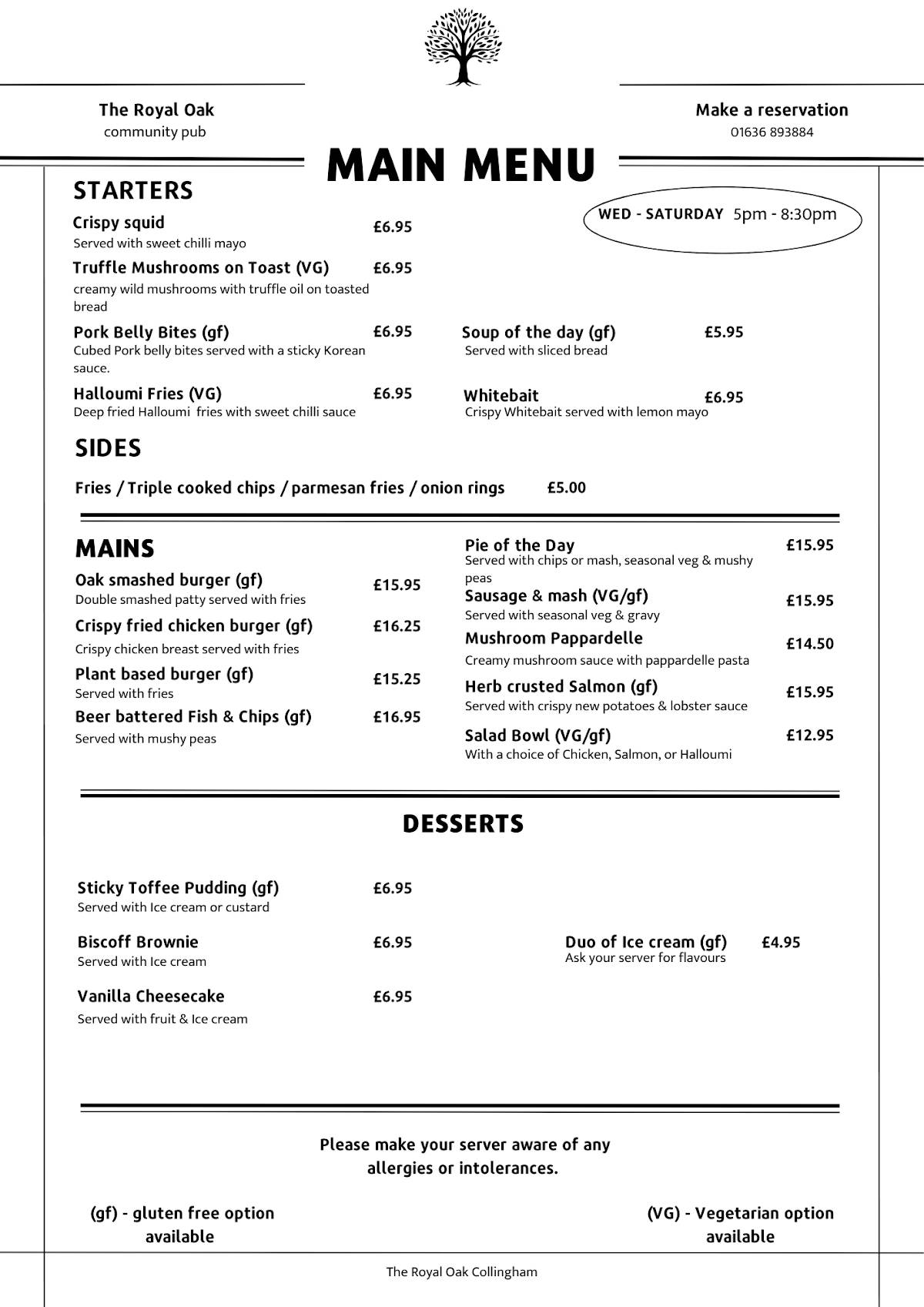 Menu at The Royal Oak Collingham Pub & Dining, Collingham, Station Rd