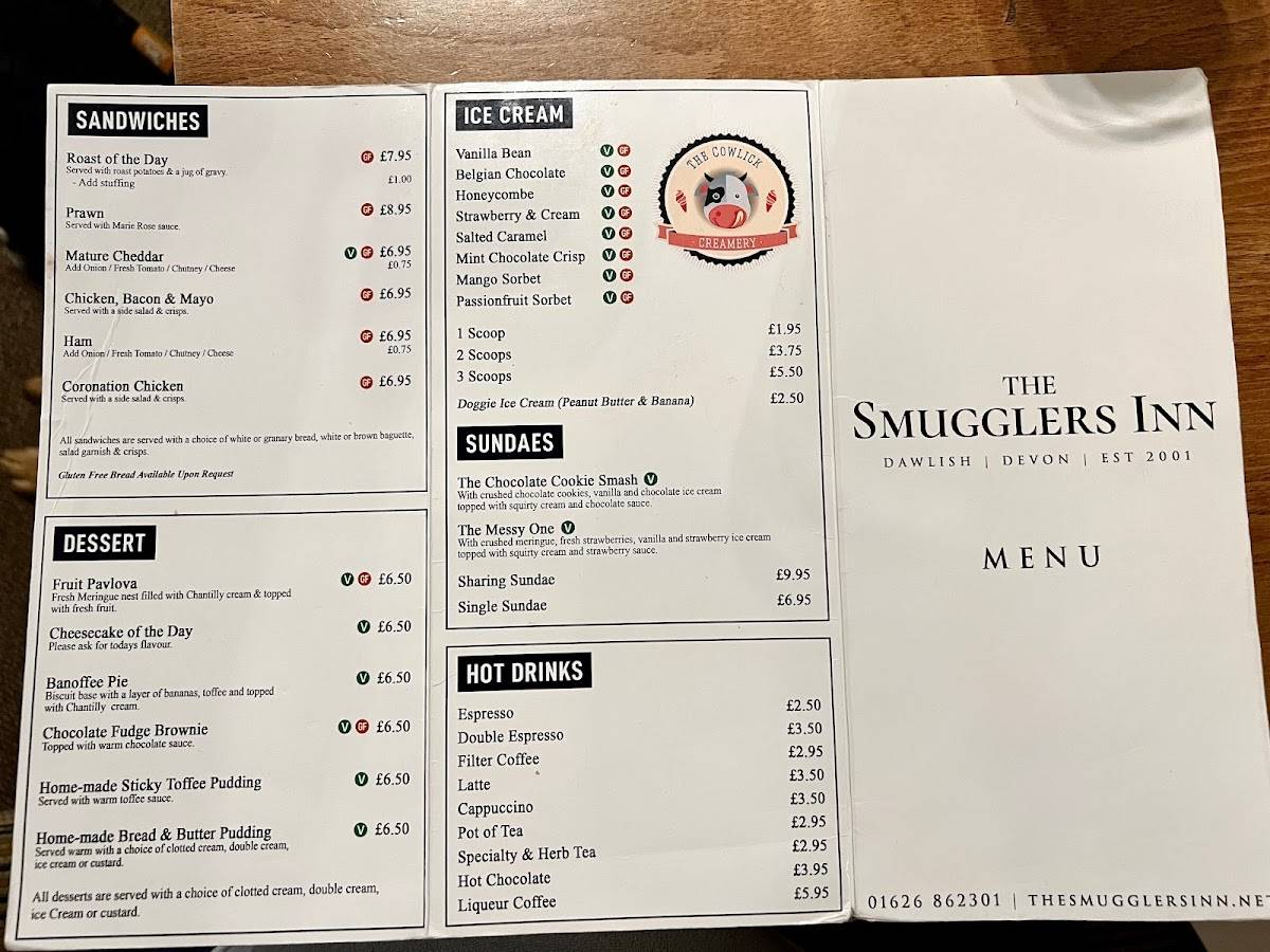 Menu at The Smugglers Inn pub & bar, Dawlish