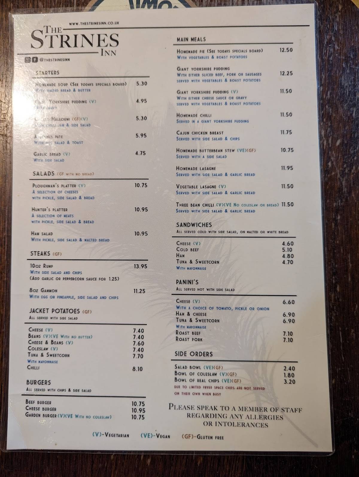 Menu at The Strines Inn pub & bar, Sheffield, Mortimer Road