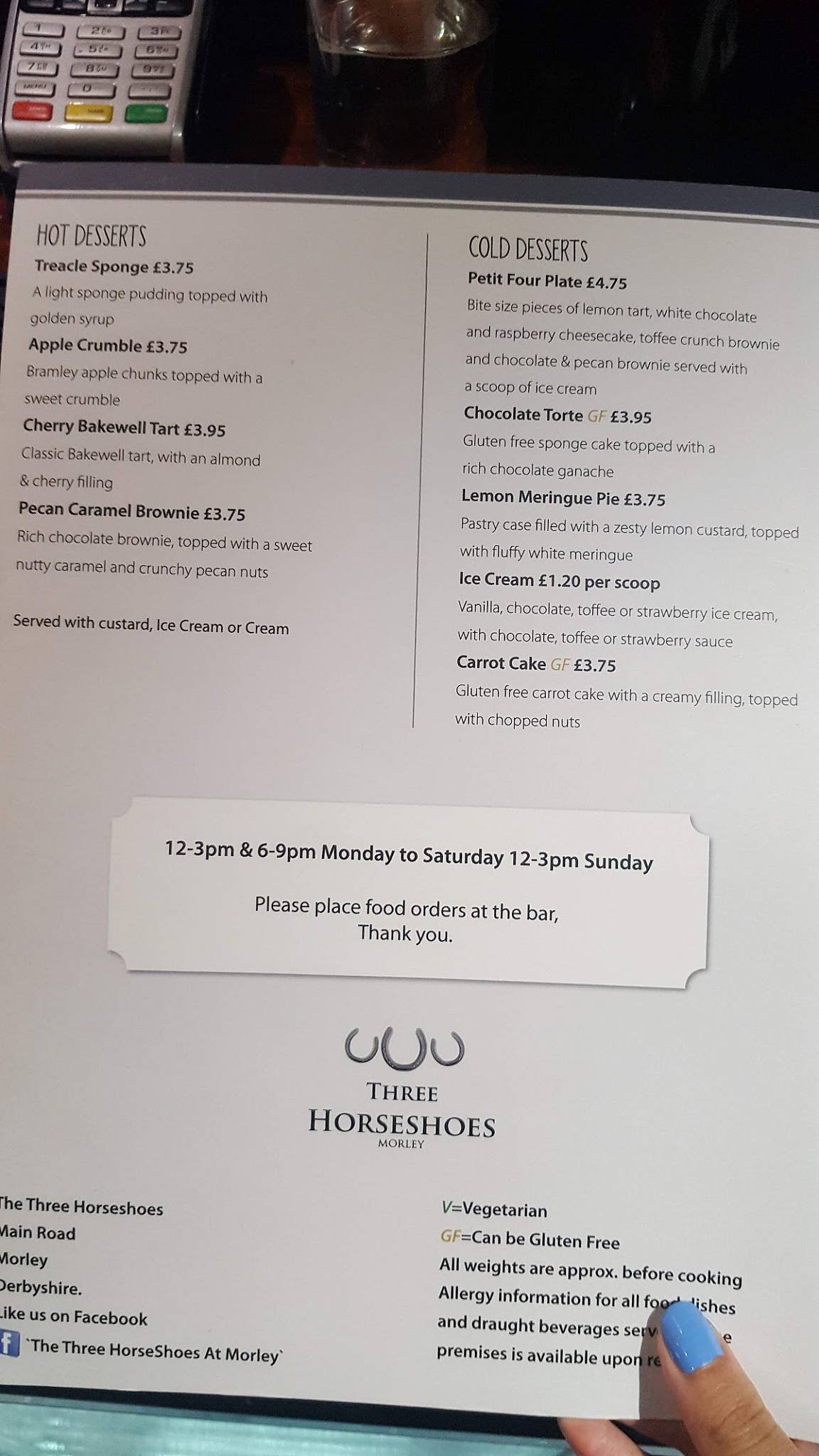 Menu at Three Horseshoes pub & bar, Morley, Main Road