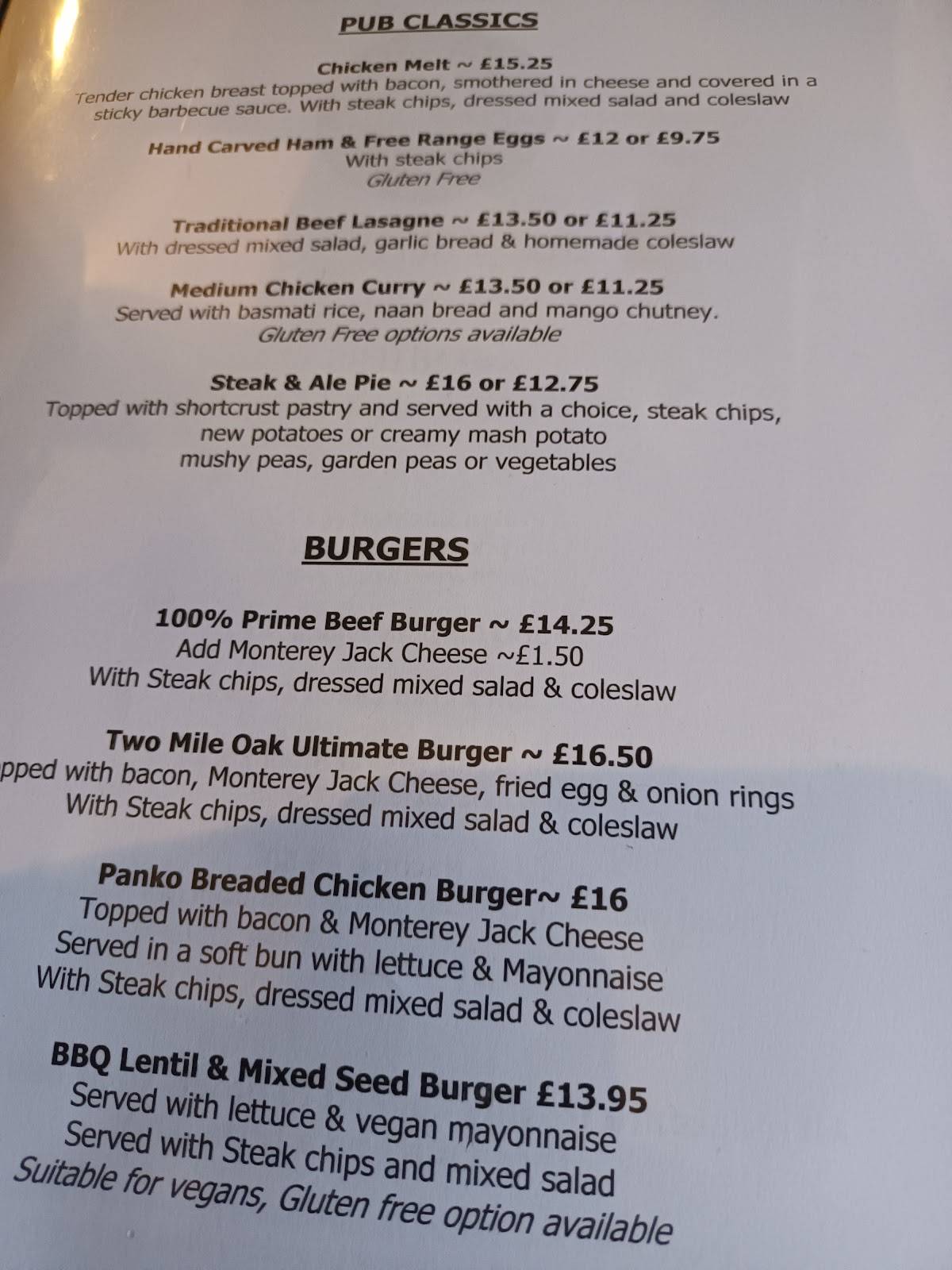 Menu at The Two Mile Oak Inn pub & bar, Newton Abbot