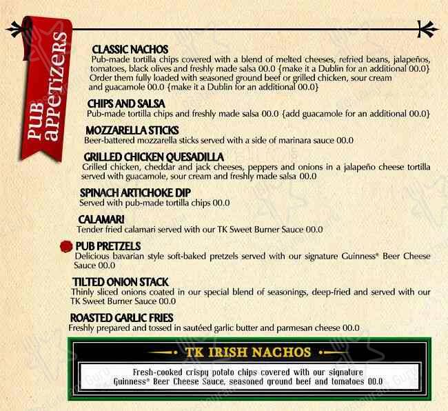 Menu at Tilted Kilt Pub and Eatery, San Diego, Camino Del Rio N