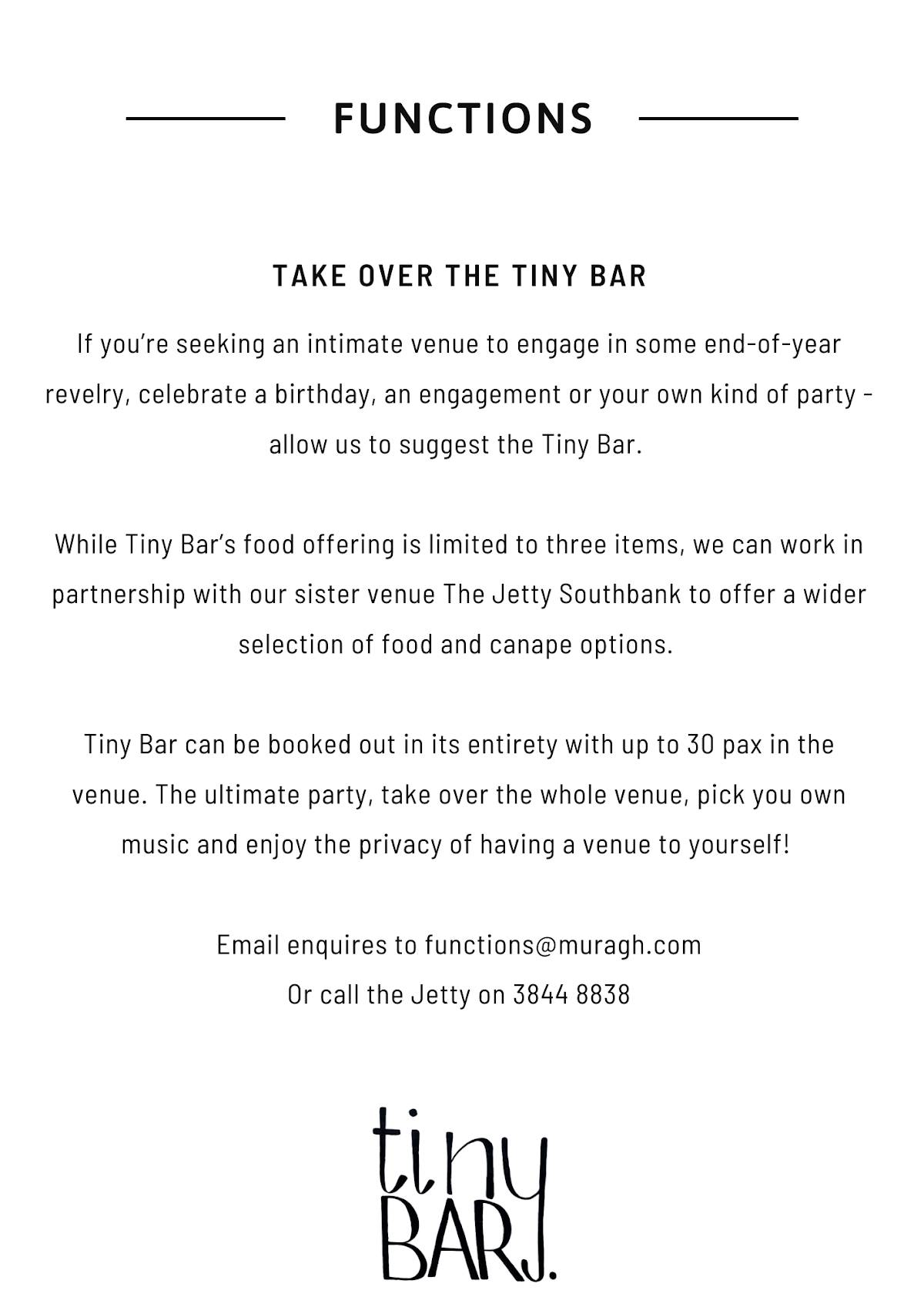 Menu at Tiny Bar, South Brisbane