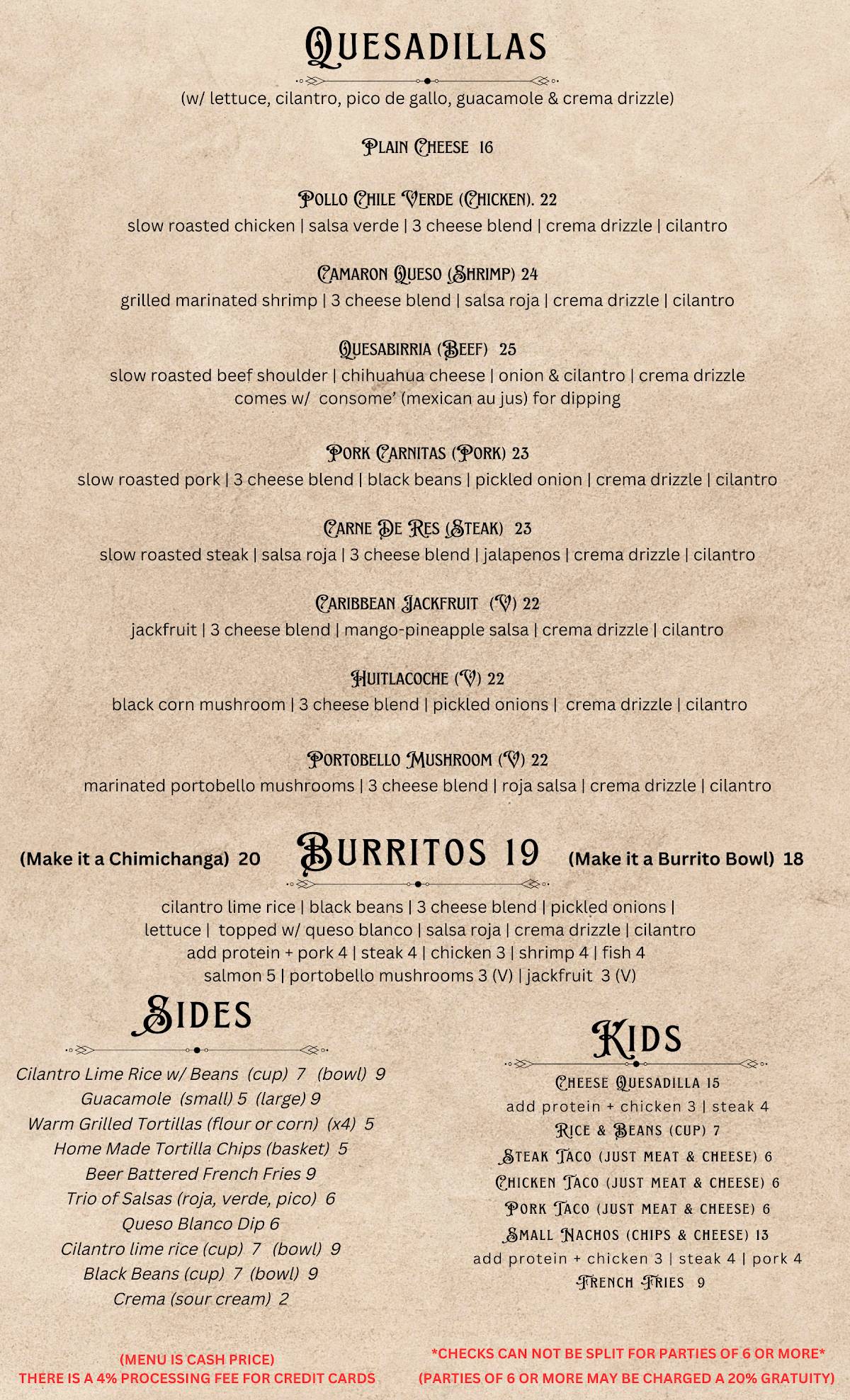 Menu at Tres Toros Tacos & Tequila pub & bar, Big Sky
