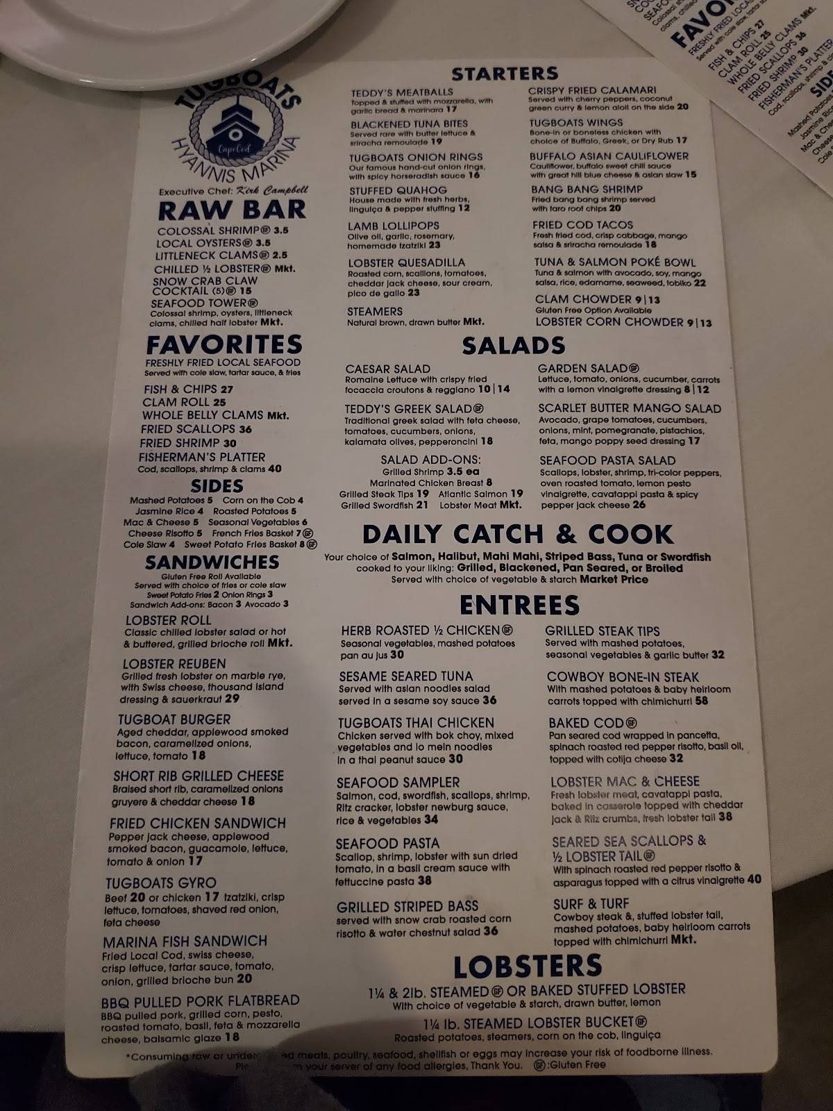 Menu at Tugboats at Hyannis Marina pub & bar, Yarmouth