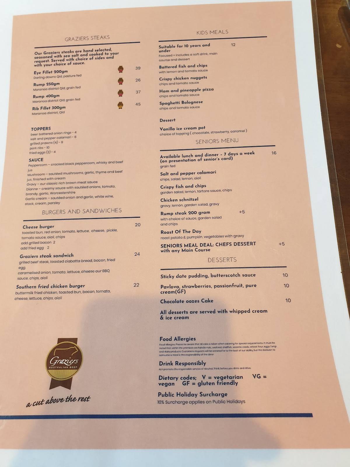 Menu at Vale Hotel pub & bar, Mundingburra