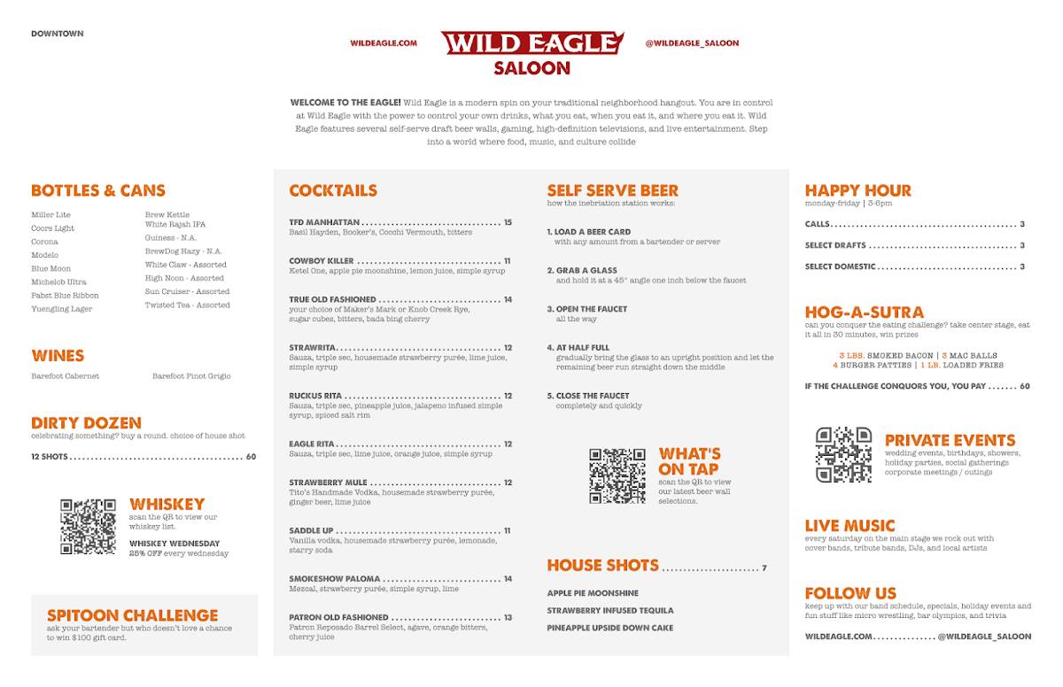 Menu at Wild Eagle Saloon Downtown Cleveland pub & bar, Cleveland