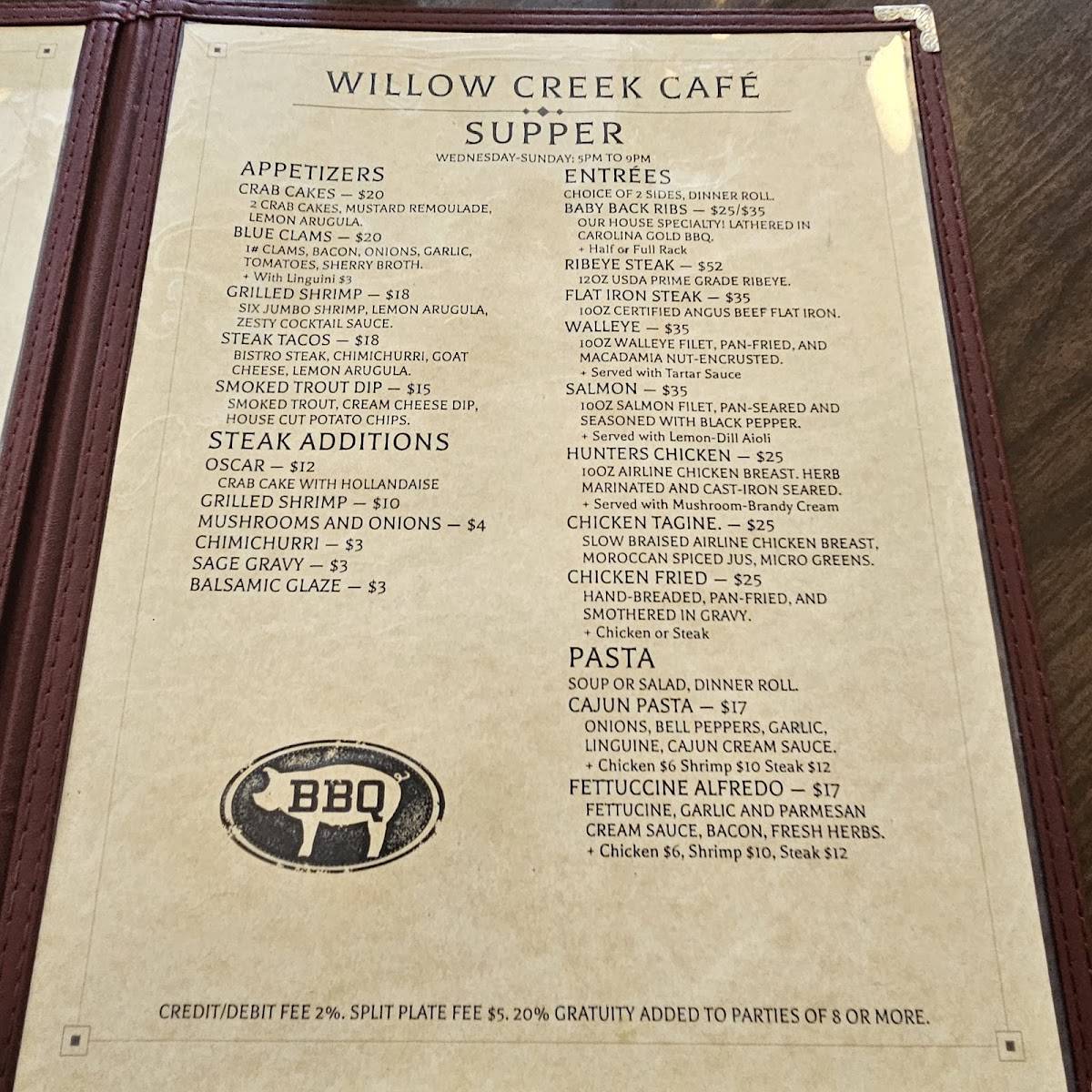 Menu at Woolzie's Willow Creek Cafe & Supper Club, Willow Creek