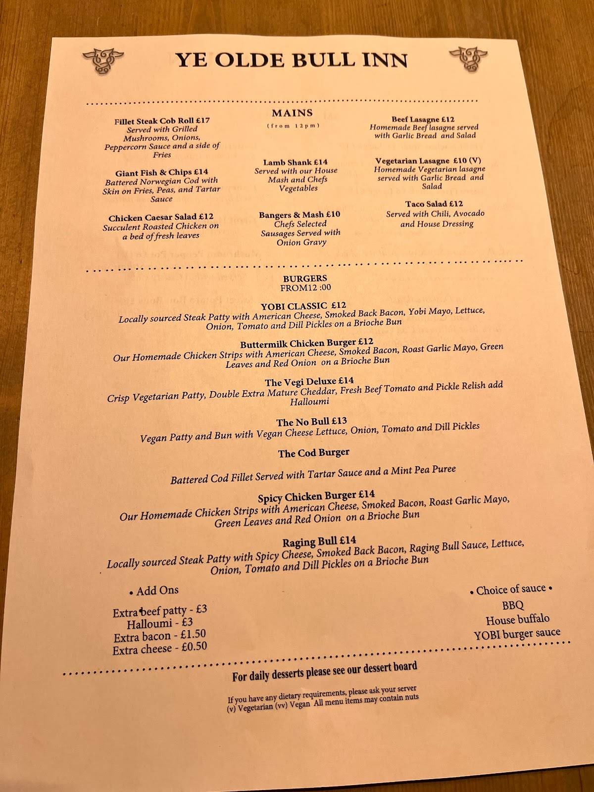 Menu at Ye Olde Bull Inn pub & bar, Newport