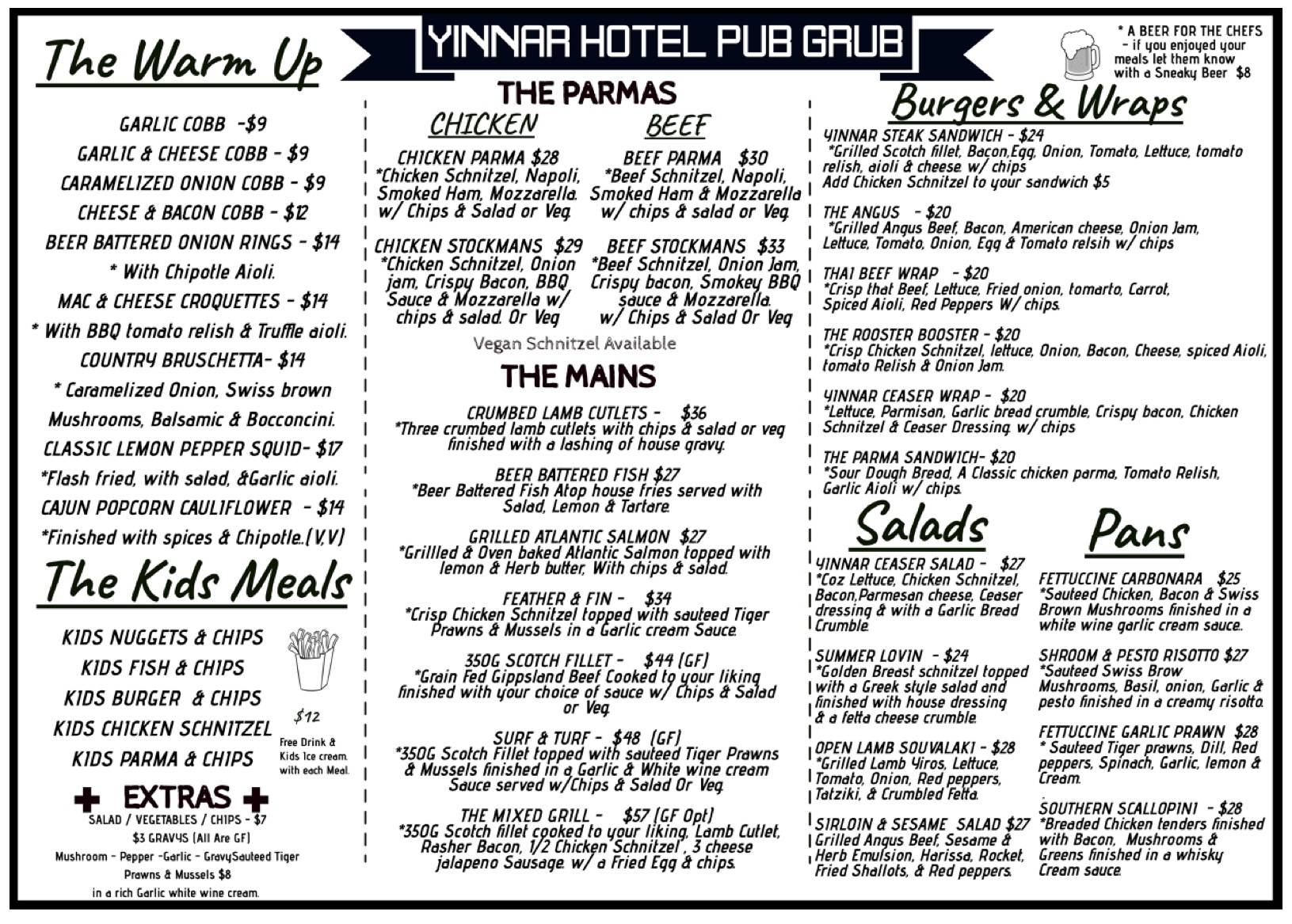 Menu at Yinnar Hotel pub & bar, Yinnar