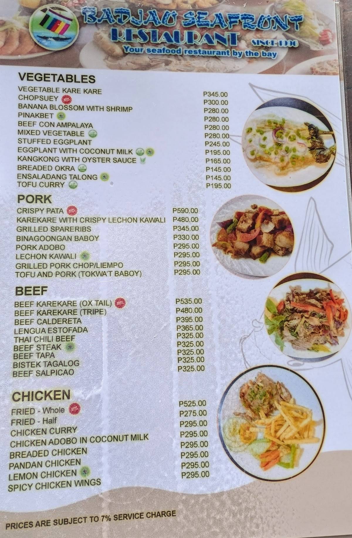 Menu at Badjao Seafront Restaurant, Puerto Princesa, PPHX+4V5