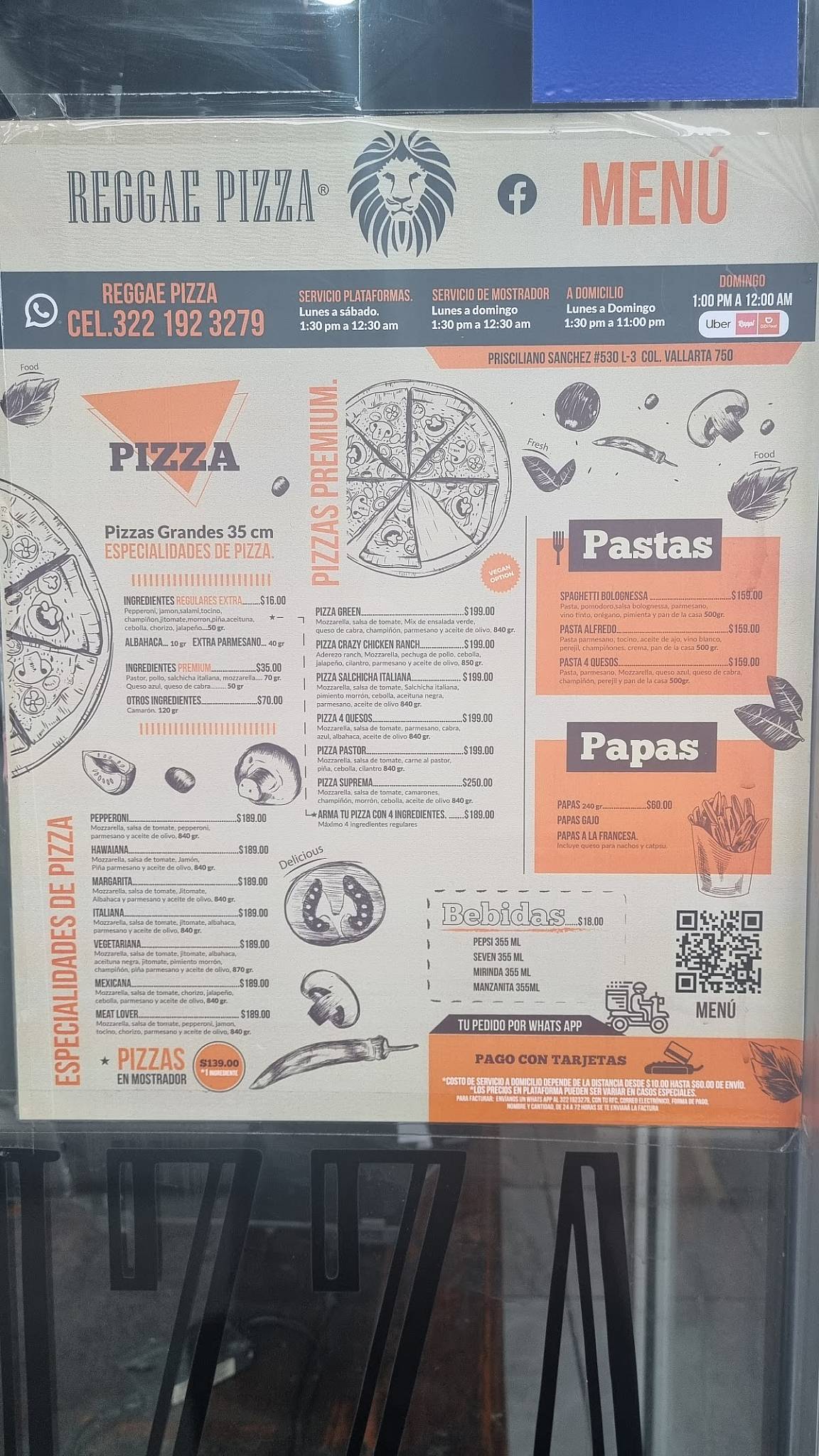 Menu at Reggae Pizza restaurant, Puerto Vallarta, C. Prisciliano ...