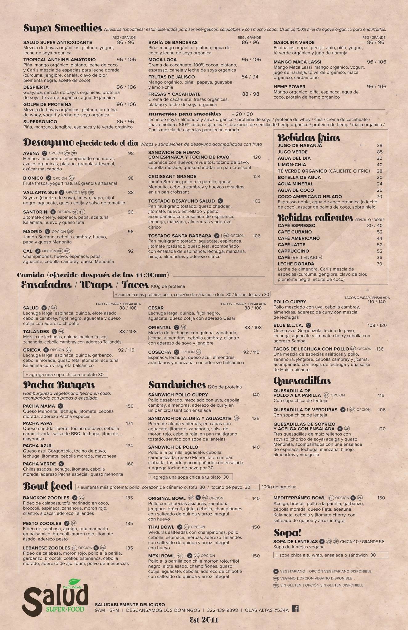 Menu at Salud Super Food pub & bar, Puerto Vallarta