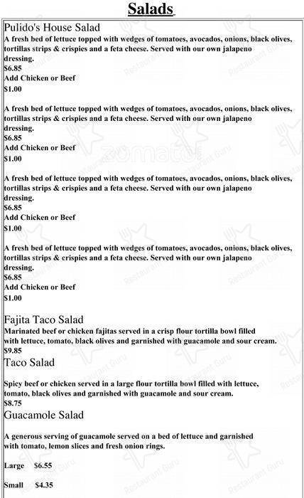 Menu at Pulido's Mexican Restaurant, Fort Worth, Pulido St