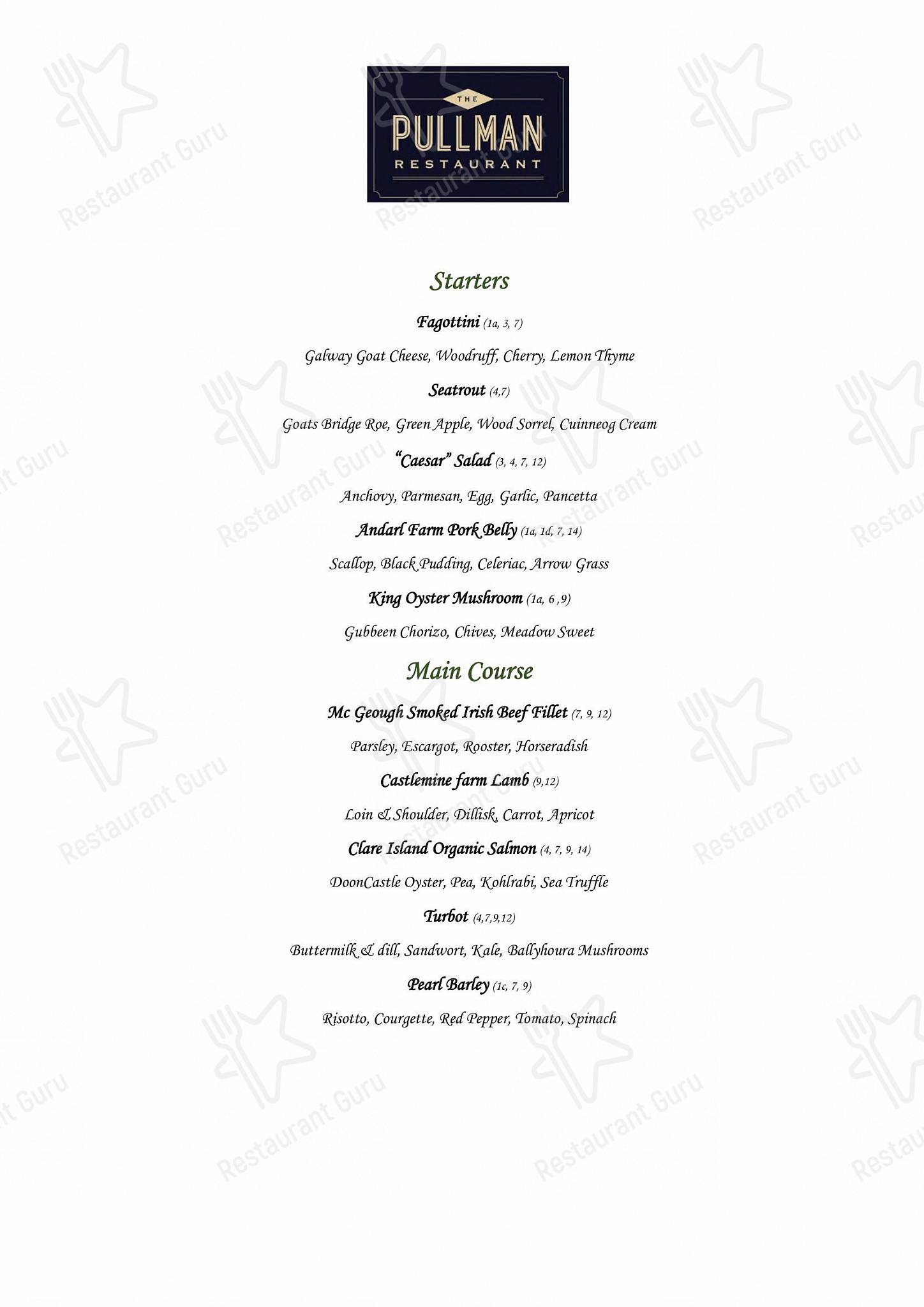Menu at Pullman Restaurant, Galway